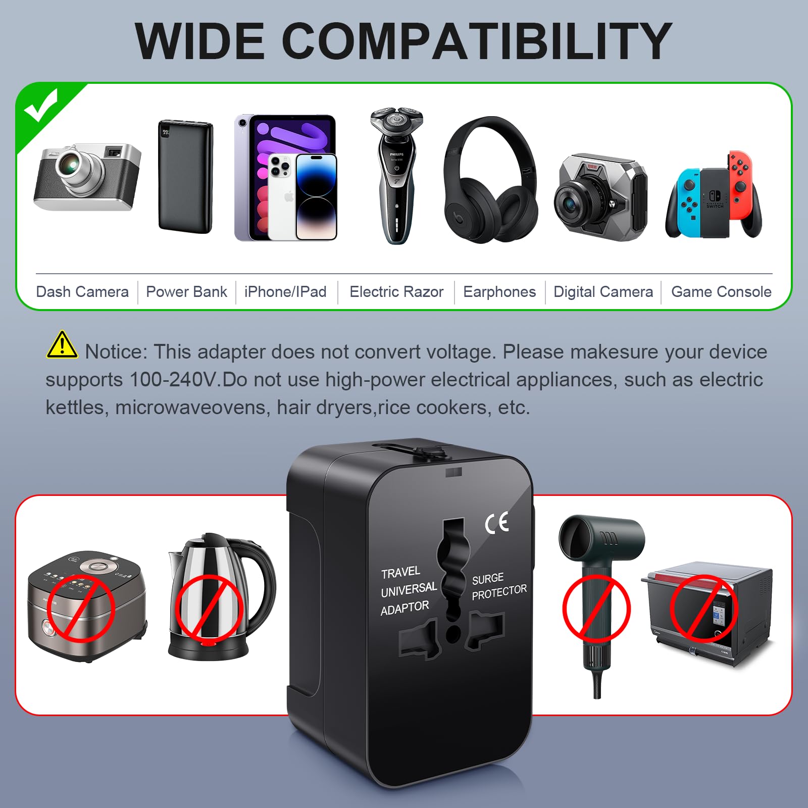 Universal Worldwide Travel Adapter,International Travel Plug Adapter with 2 USB Port and AC Socket,All in One Travel Adapter Power Adapter for US UK EU AU