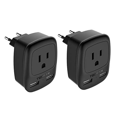 European Travel Plug Adapter 2 Pack, TESSAN International Power Outlet Adaptor with 2 USB, Type C Charger from USA to Most of Europe EU Spain Iceland Germany France Italy Israel, Black