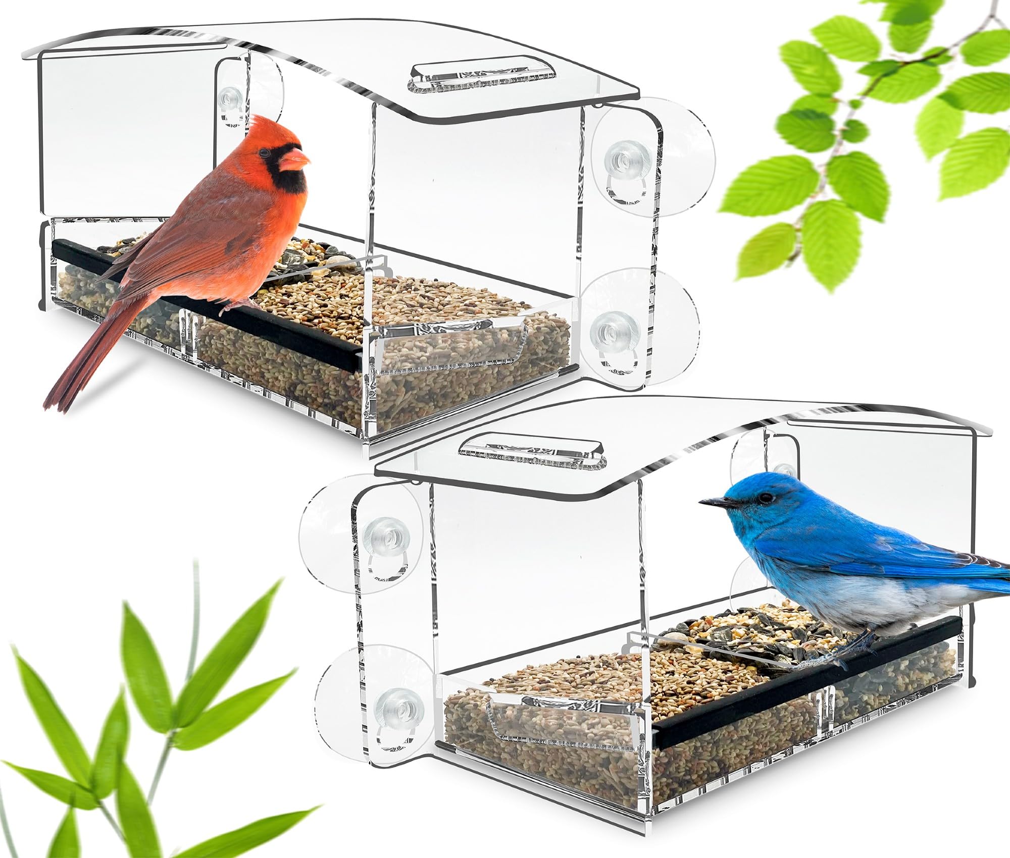 GoGiffy (2-Pack) Acrylic Window Bird House Feeders for Outside Viewing | Large Capacity with 4 Strong Suction Cups | Removable Seed Tray with Drain Holes | Easy to Refill & Clean | Squirrel Chew Proof