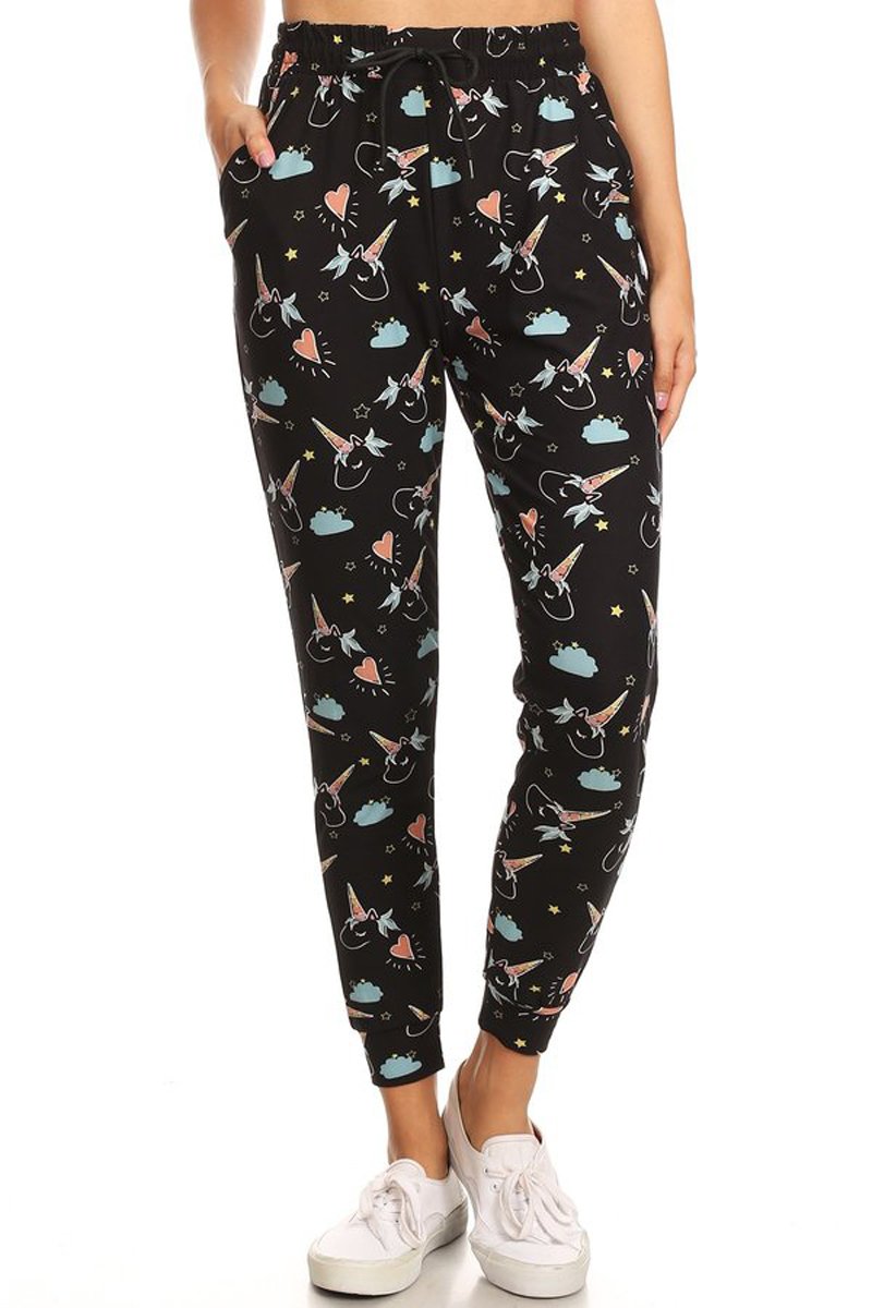 Leggings Depot Women's Relaxed fit Jogger Pants - Track Cuff Sweatpants with Pockets-S506, Small, Unicorn Cloud