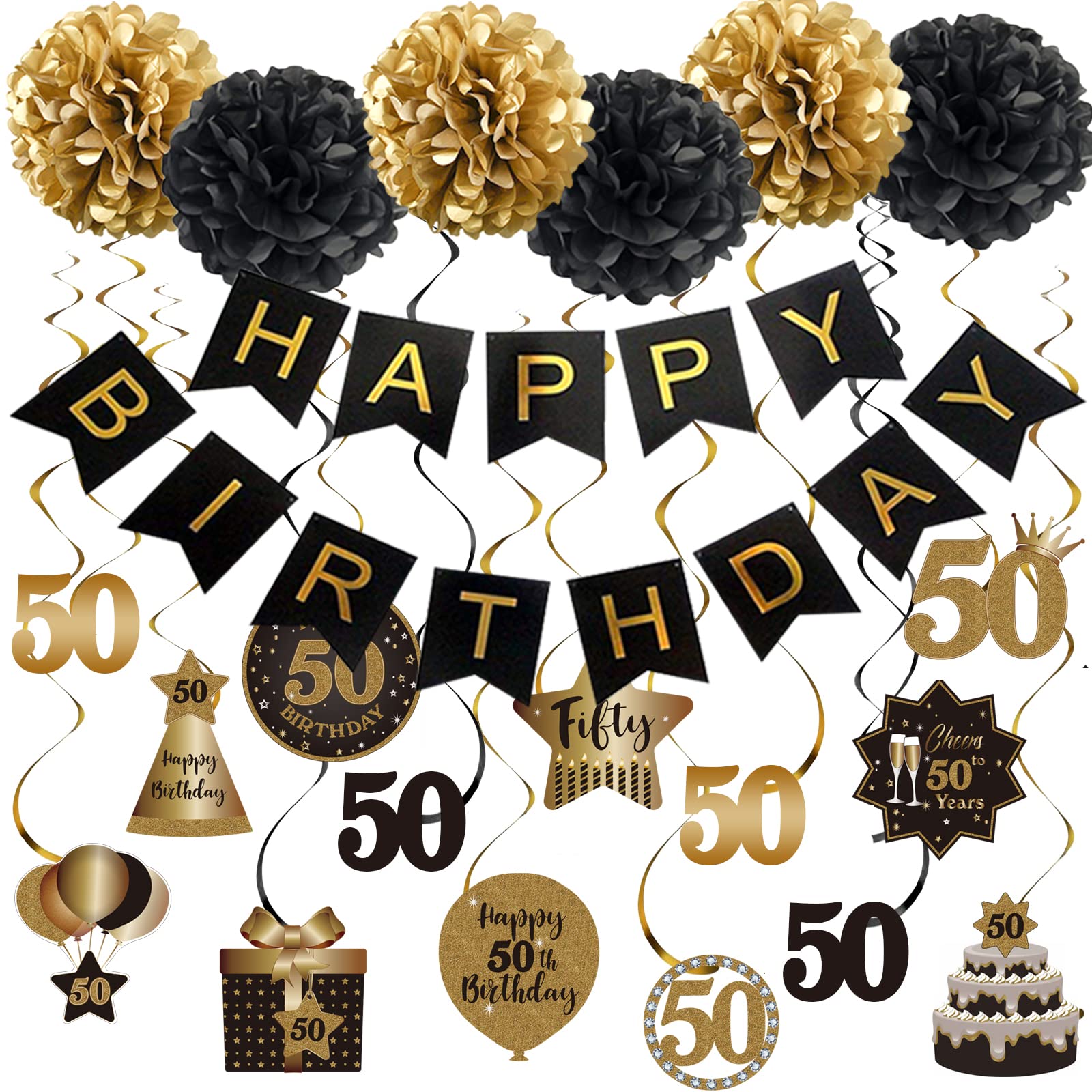 BRT Bearingshui Happy 50th Birthday Hanging Swirls Streamers Decoration Set, Happy Birthday Banner with Tissue Pompoms, Black and Gold 50 Years Old Birthday Party Hanging Backdrop Decorations