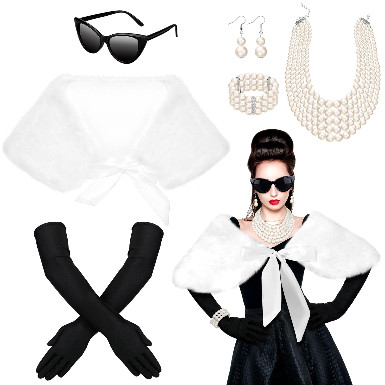 Hoosige 7 Pcs 1920s Flapper Costume Accessory for Women Vintage 1950s Accessory Faux Fur Shawl with Sunglasses Pearl Strand Necklace Tiara Long Black Gloves for Halloween Cosplay Costume