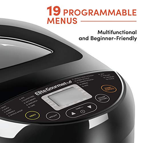 Elite Gourmet EBM-8103B Maxi-Matic Automatic Digital Programmable Bread Maker, 3 Loaf Sizes, 19 Menu Functions, Bake Fresh Bread, Black