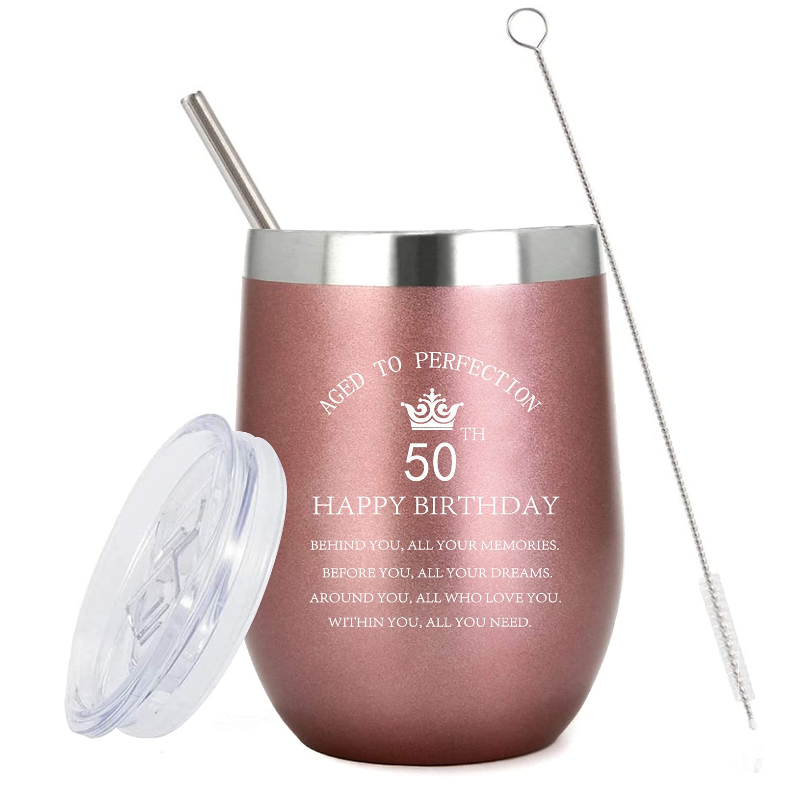 SFHMTL 50th Birthday Gifts for Women Wife-Behind You All Your Memories Happy 50 Year Old Birthday Gifts Ideas for Mom Friends Turning 50 Stainless Steel Insulated Wine Tumbler Cup(Rose Gold 12oz)