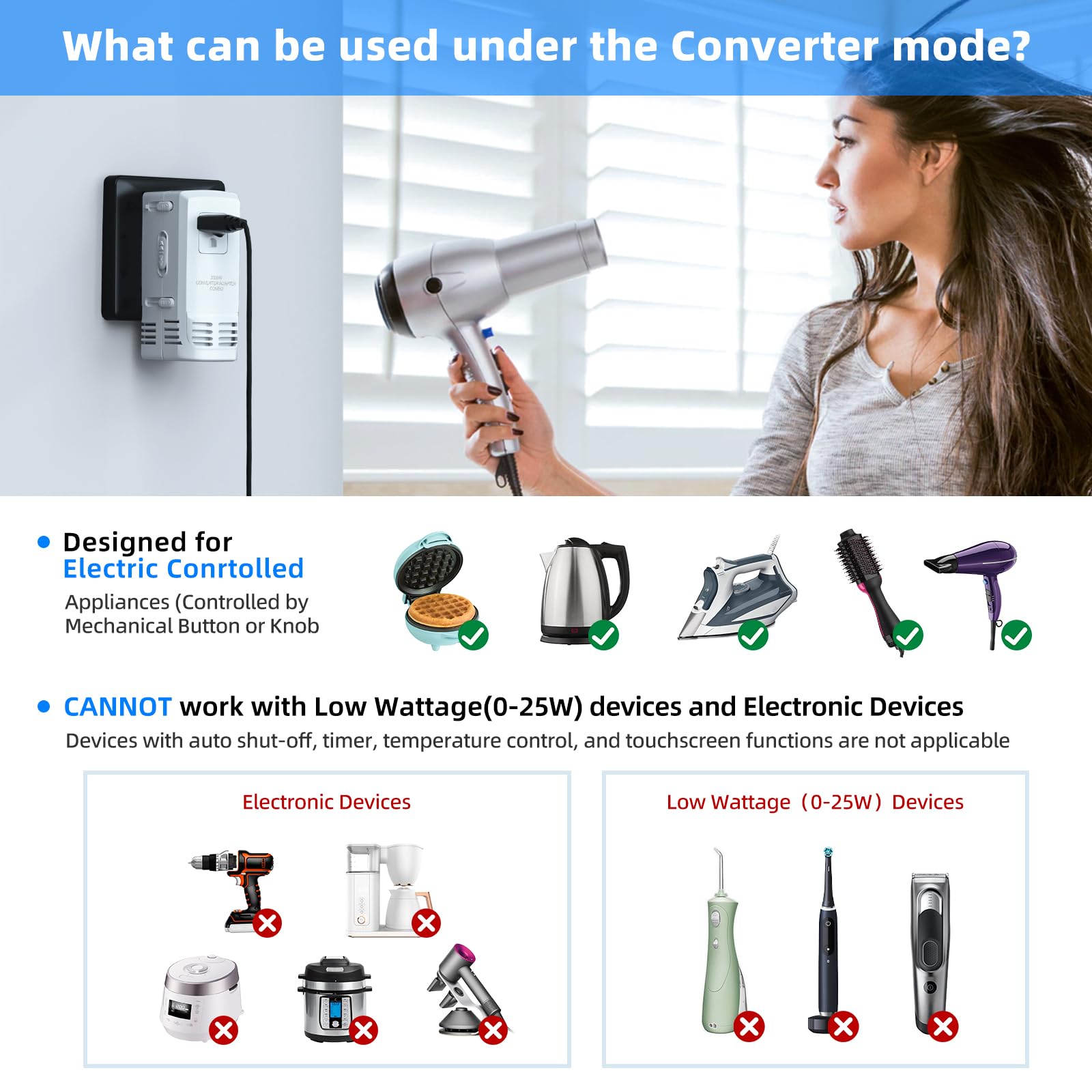 Universal Travel Adapter and Converter Combo Power Voltage Converter Step Down Voltage 220V to 110V for Europe/UK/AU Over 150 Countries White