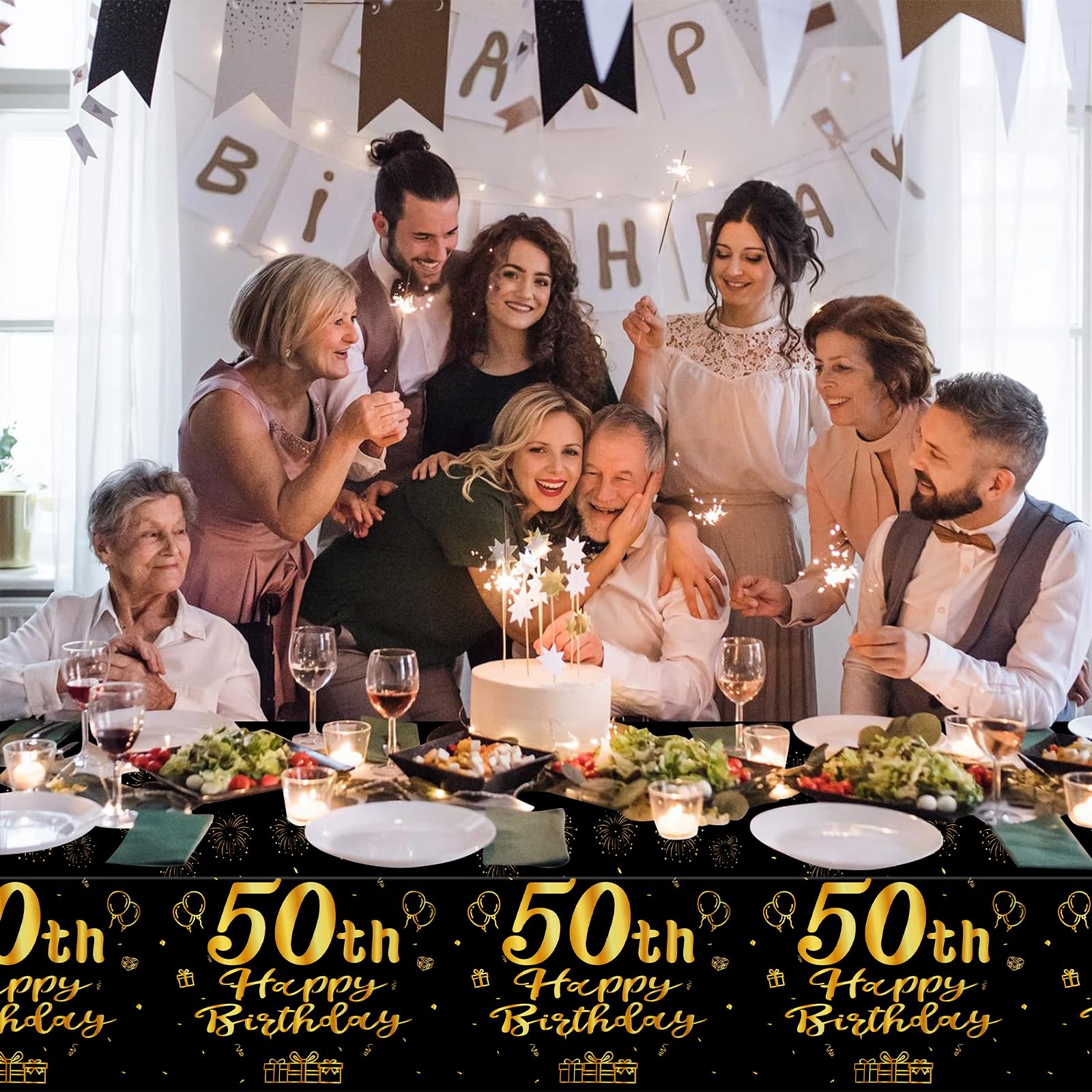 PHOGARY 50th Birthday Party Decorations Tablecloth, 3 Pack Happy Birthday Table Cover for Women Men, Bday Anniversary Theme Party Supplies Black and Gold Rectangular Tablecloths 54 × 108 in