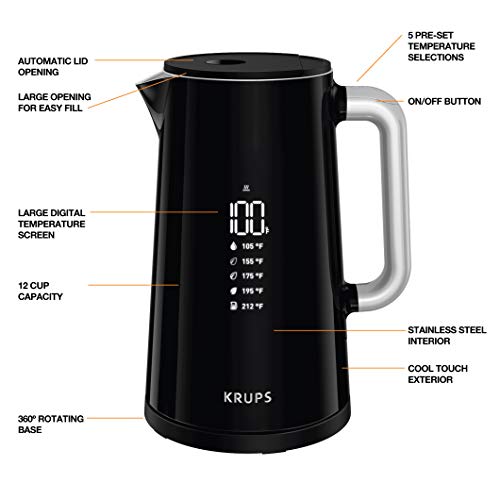 KRUPS BW801852 Smart Temp Digital Kettle: Prepare tea and coffee. Full Stainless Interior and Safety Off, 1.7-Liter, Black