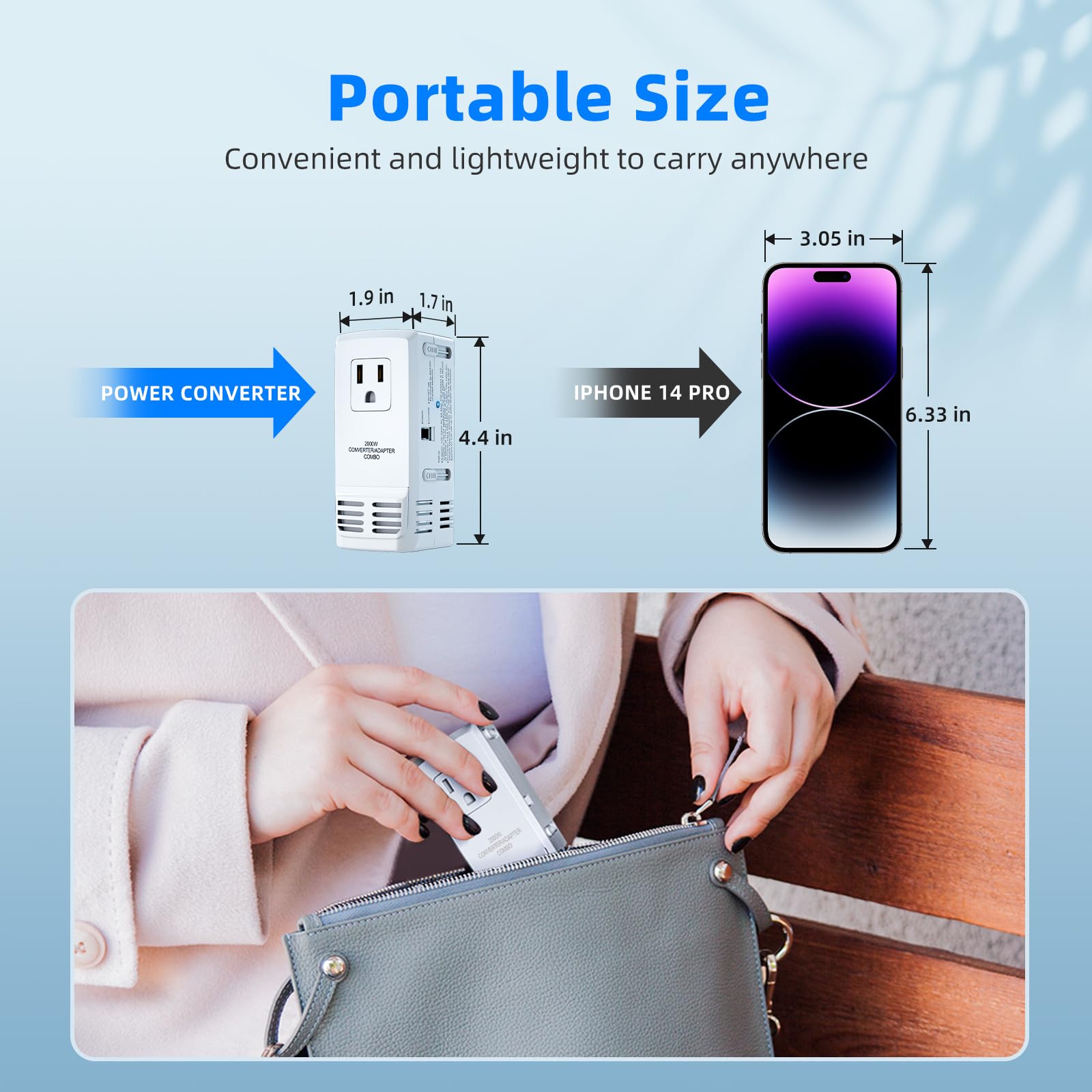 Universal Travel Adapter and Converter Combo Power Voltage Converter Step Down Voltage 220V to 110V for Europe/UK/AU Over 150 Countries White