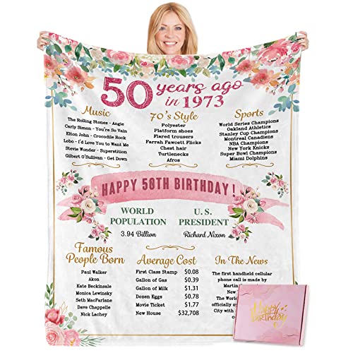 HAINANBOY 50th Birthday Gifts for Women with Box, 50th Birthday Decoration Blanket Birthday Gift for 50 Year Old Women, 1963 50th Birthday Gifts Ideas