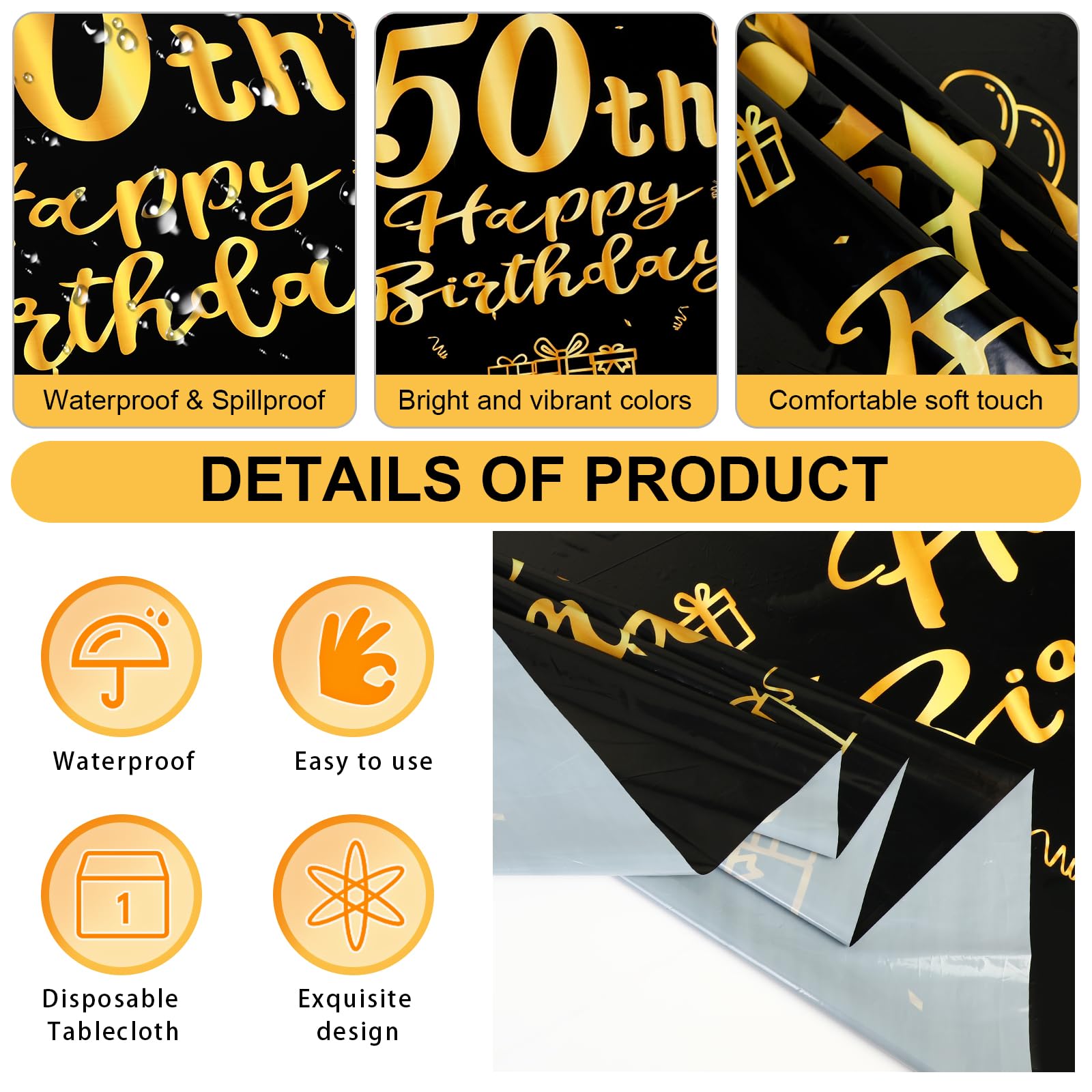PHOGARY 50th Birthday Party Decorations Tablecloth, 3 Pack Happy Birthday Table Cover for Women Men, Bday Anniversary Theme Party Supplies Black and Gold Rectangular Tablecloths 54 × 108 in