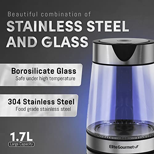 Elite Gourmet EKT-602 Electric 1.7L BPA Free Glass Kettle Cordless 360° Base, Stylish Blue LED Interior, Handy Auto Shut-Off Function – Quickly Boil Water For Tea & More, Stainless Steel