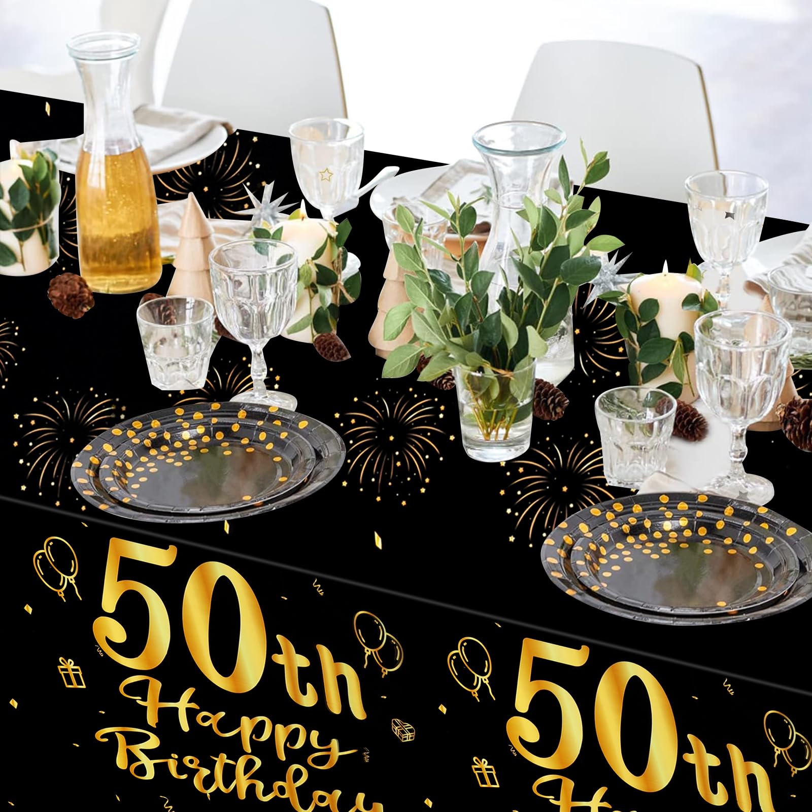 PHOGARY 50th Birthday Party Decorations Tablecloth, 3 Pack Happy Birthday Table Cover for Women Men, Bday Anniversary Theme Party Supplies Black and Gold Rectangular Tablecloths 54 × 108 in