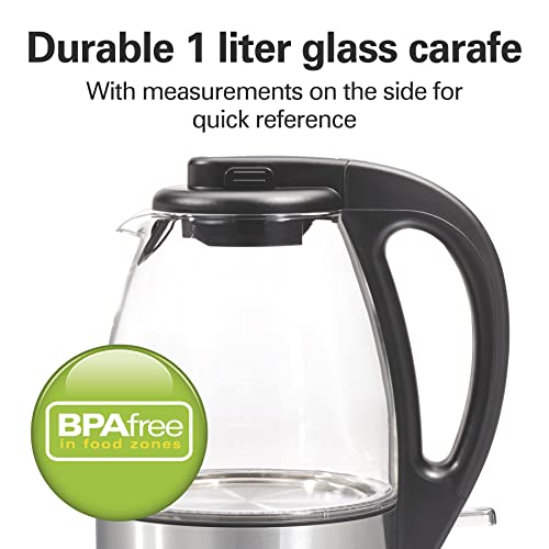 Hamilton Beach Glass Electric Tea Kettle, Water Boiler & Heater, 1 L, Cordless, LED Indicator, Auto-Shutoff & Boil-Dry Protection (40930), Clear