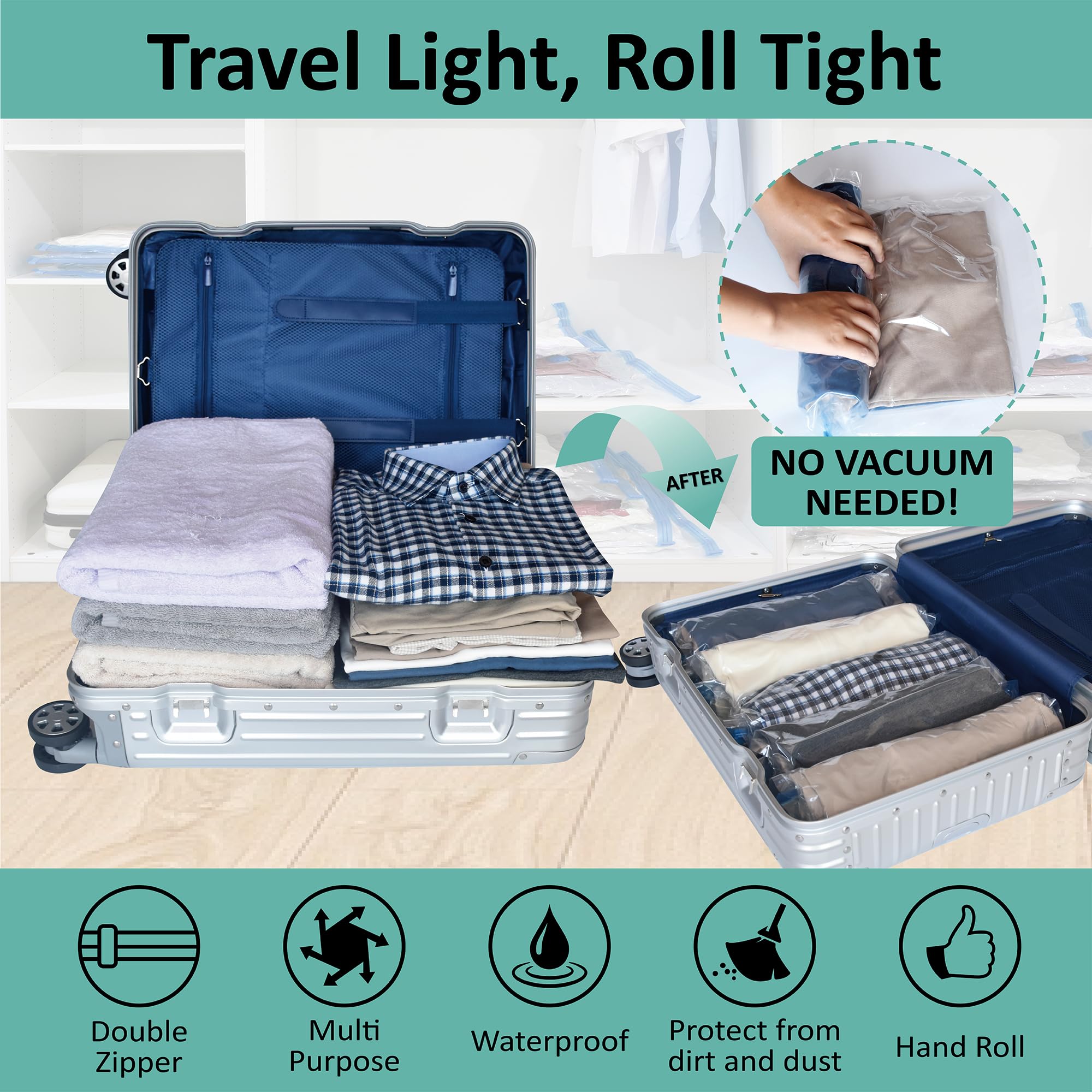 Compression Bags for Travel - Travel Essentials - 16 Pack Space Saver Bags - No Vacuum Needed - Compression Packing Bags for Cruise Accessories