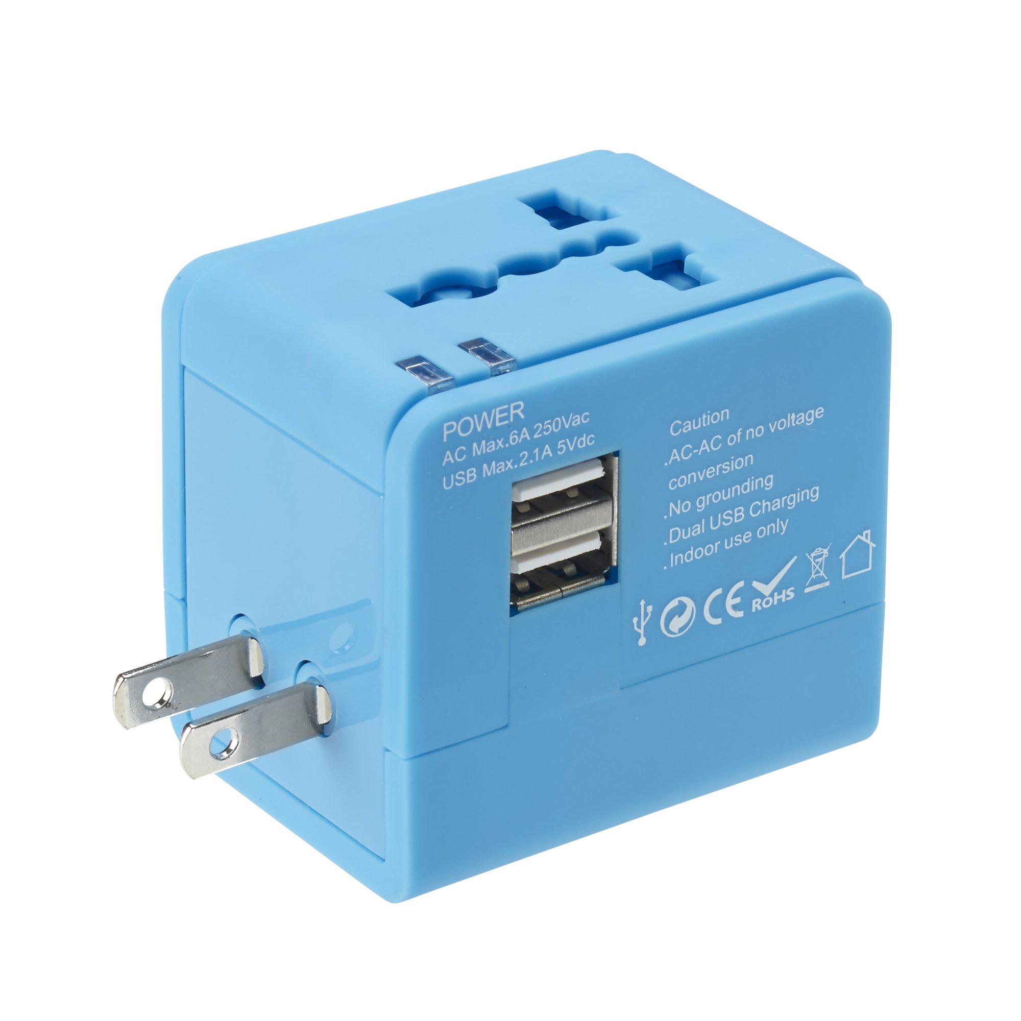 Lewis N. Clark Global Wall Adapter + Portable Charger with Dual USB Ports for Standard + Recessed Outlets (over 175 countries) for Cell Phones, Tablets, Laptops, Blue