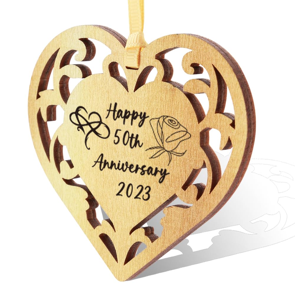 Happy 50th Anniversary 2023 Engraved Heart Wooden Quote Hanging Ornament Party Decorations Supplies Gifts for Husband Wife Boyfriend or Girlfriend Anniversary Valentines Day Romantic Gifts for Her Him