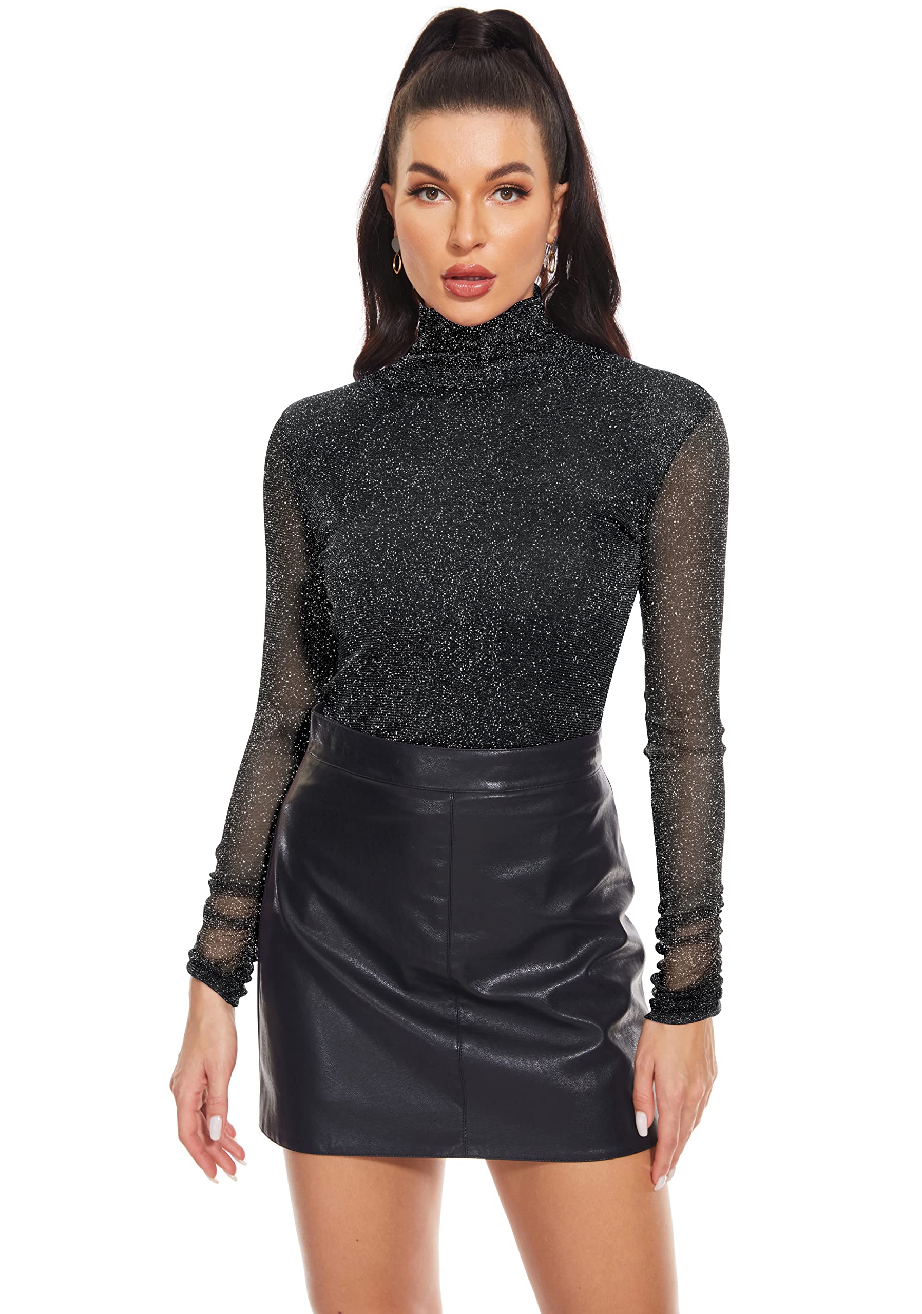 Anbenser Women's Turtleneck Top Long Sleeve Slim Fit Shirts Mesh Sheer See Through Casual Blouse (Glitter Black,Small)
