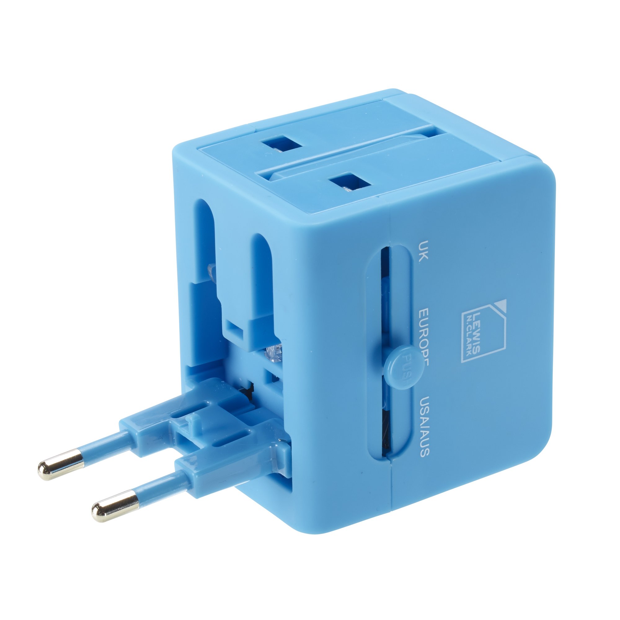Lewis N. Clark Global Wall Adapter + Portable Charger with Dual USB Ports for Standard + Recessed Outlets (over 175 countries) for Cell Phones, Tablets, Laptops, Blue
