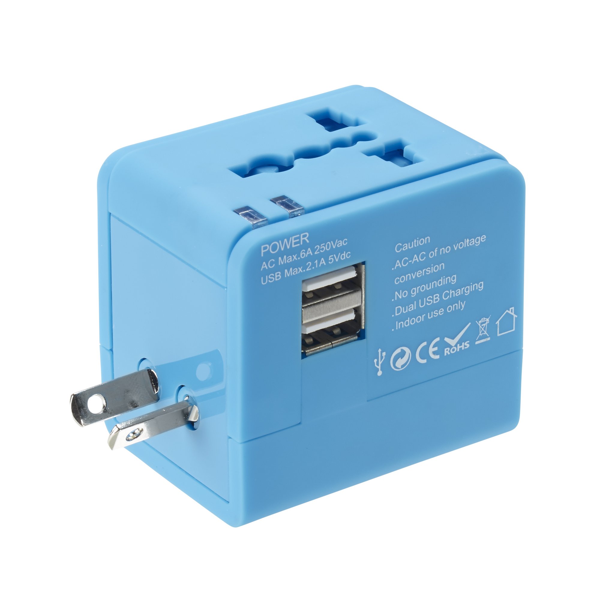 Lewis N. Clark Global Wall Adapter + Portable Charger with Dual USB Ports for Standard + Recessed Outlets (over 175 countries) for Cell Phones, Tablets, Laptops, Blue