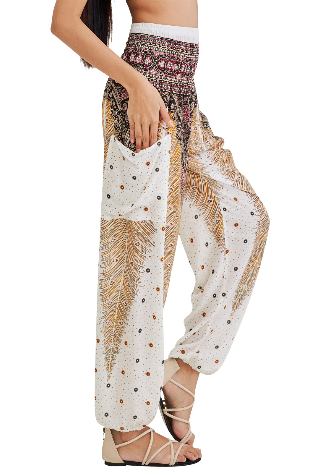 Joob Joob Boho Pants for Women - Hippie Harem Pants Women - Womens Yoga Pants – Comfy Bohemian Flowy Hippie Clothes - Medium White