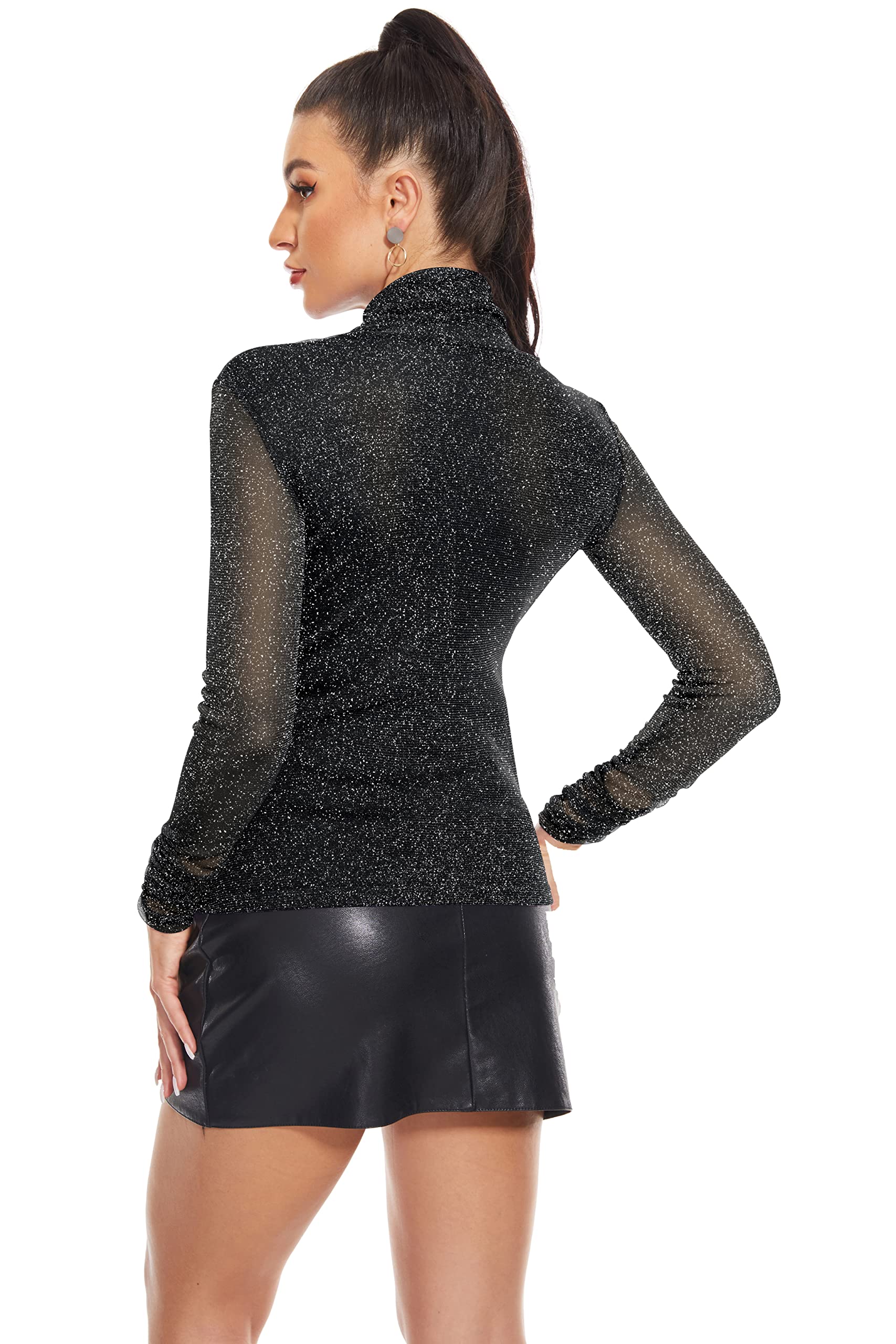 Anbenser Women's Turtleneck Top Long Sleeve Slim Fit Shirts Mesh Sheer See Through Casual Blouse (Glitter Black,Small)