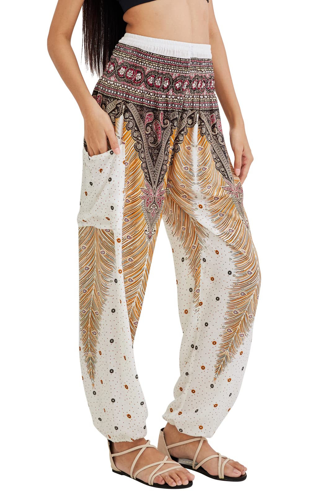 Joob Joob Boho Pants for Women - Hippie Harem Pants Women - Womens Yoga Pants – Comfy Bohemian Flowy Hippie Clothes - Medium White