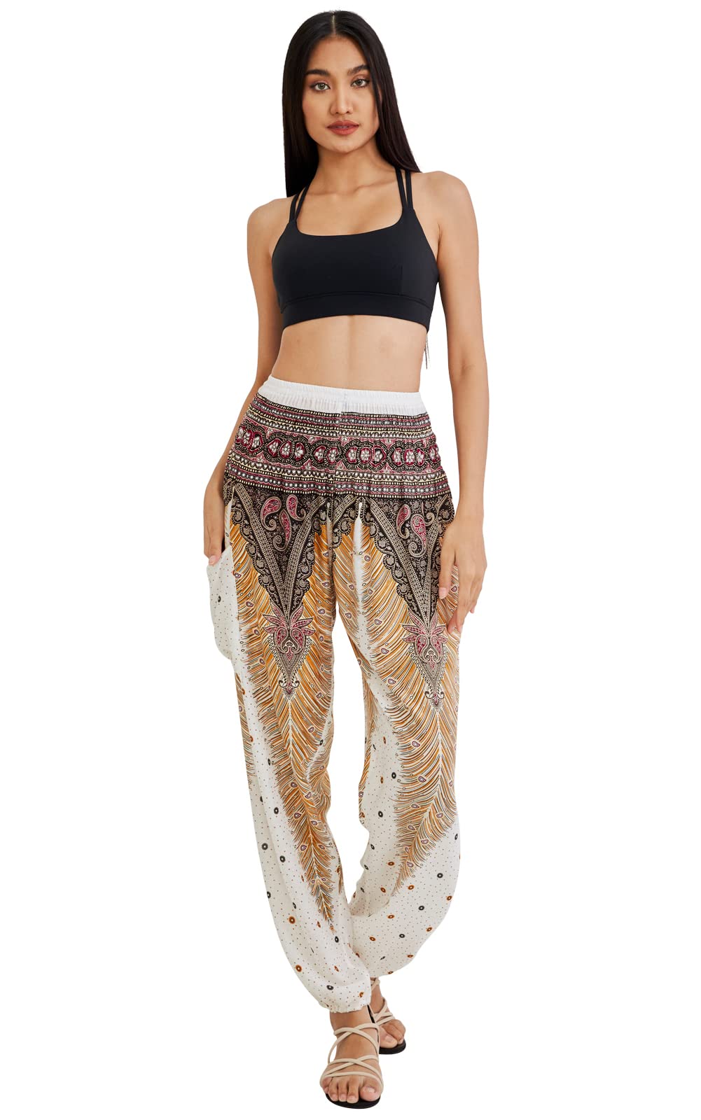 Joob Joob Boho Pants for Women - Hippie Harem Pants Women - Womens Yoga Pants – Comfy Bohemian Flowy Hippie Clothes - Medium White
