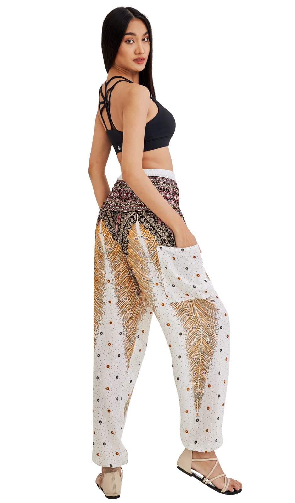 Joob Joob Boho Pants for Women - Hippie Harem Pants Women - Womens Yoga Pants – Comfy Bohemian Flowy Hippie Clothes - Medium White