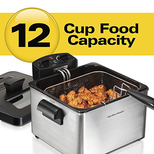 Hamilton Beach Triple Basket Electric Deep Fryer, 19 Cups / 4.5 Liters Oil Capacity, Lid with View Window, Professional Style, 1800 Watts, Stainless Steel (35034)