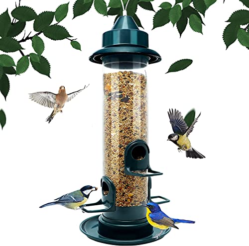 Wiewish Squirrel Proof Bird Feeder for Outdoor Hanging Metal, Plastic Tube Bird Seed Feeder with 4 Ports, Large Capacity, Easy to Fill Metal Birdfeeder for Cardinal, Finch, Blue Jay for Bird Lover