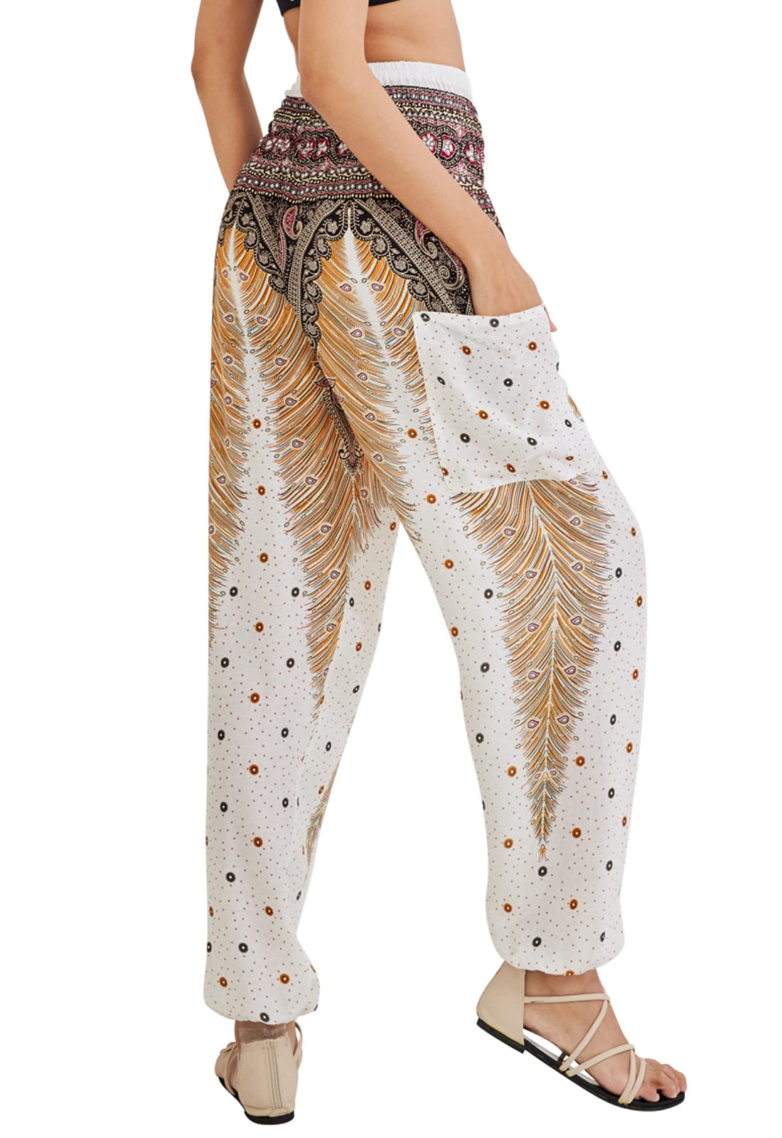 Joob Joob Boho Pants for Women - Hippie Harem Pants Women - Womens Yoga Pants – Comfy Bohemian Flowy Hippie Clothes - Medium White
