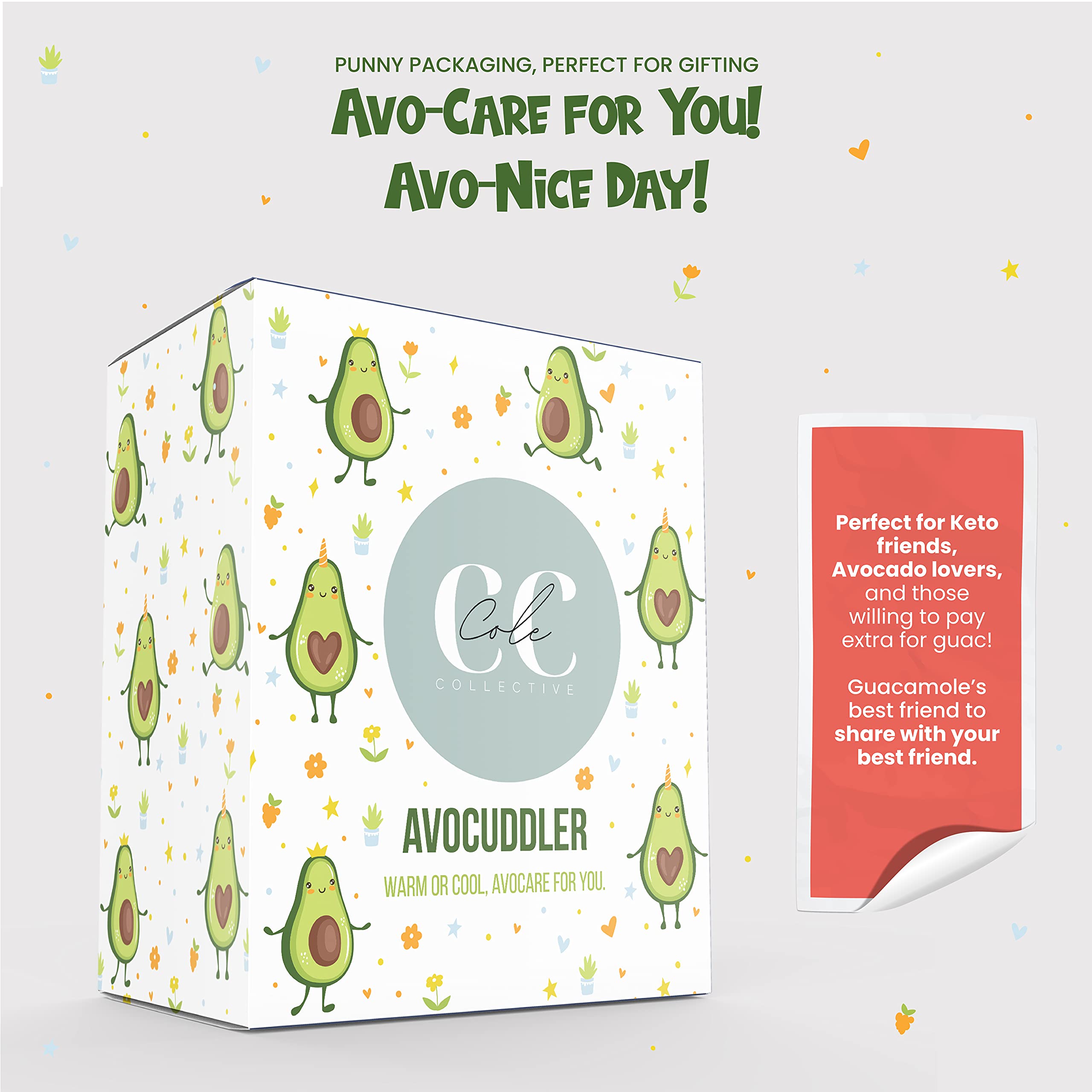 Cole Avocado Microwavable Heating Pad - Pillow Plush Food Toy- Warm Cute Cozy Soft Heatable Stuffed Animal Hot and Cold Therapy for Cramps, Back, Neck Pain Relief Stress Comfort Gift