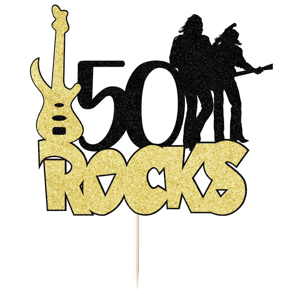 Sleyberoy Rocks 50 Cake Topper - Glitter Fabulous Fifty Years Birthday Party、Happy 50th birthday Theme party cake decorations(Rocks 50)