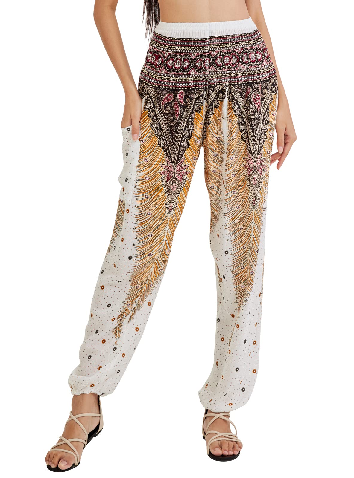 Joob Joob Boho Pants for Women - Hippie Harem Pants Women - Womens Yoga Pants – Comfy Bohemian Flowy Hippie Clothes - Medium White