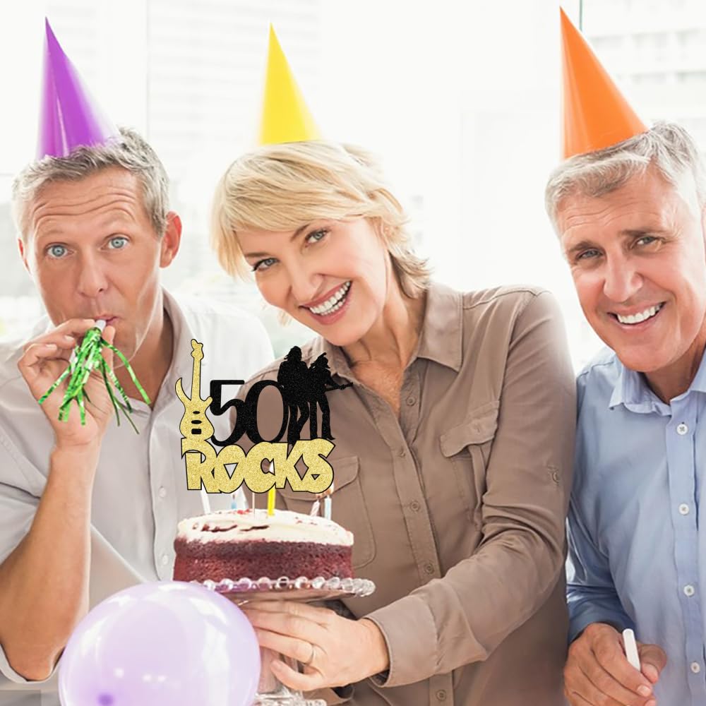 Sleyberoy Rocks 50 Cake Topper - Glitter Fabulous Fifty Years Birthday Party、Happy 50th birthday Theme party cake decorations(Rocks 50)