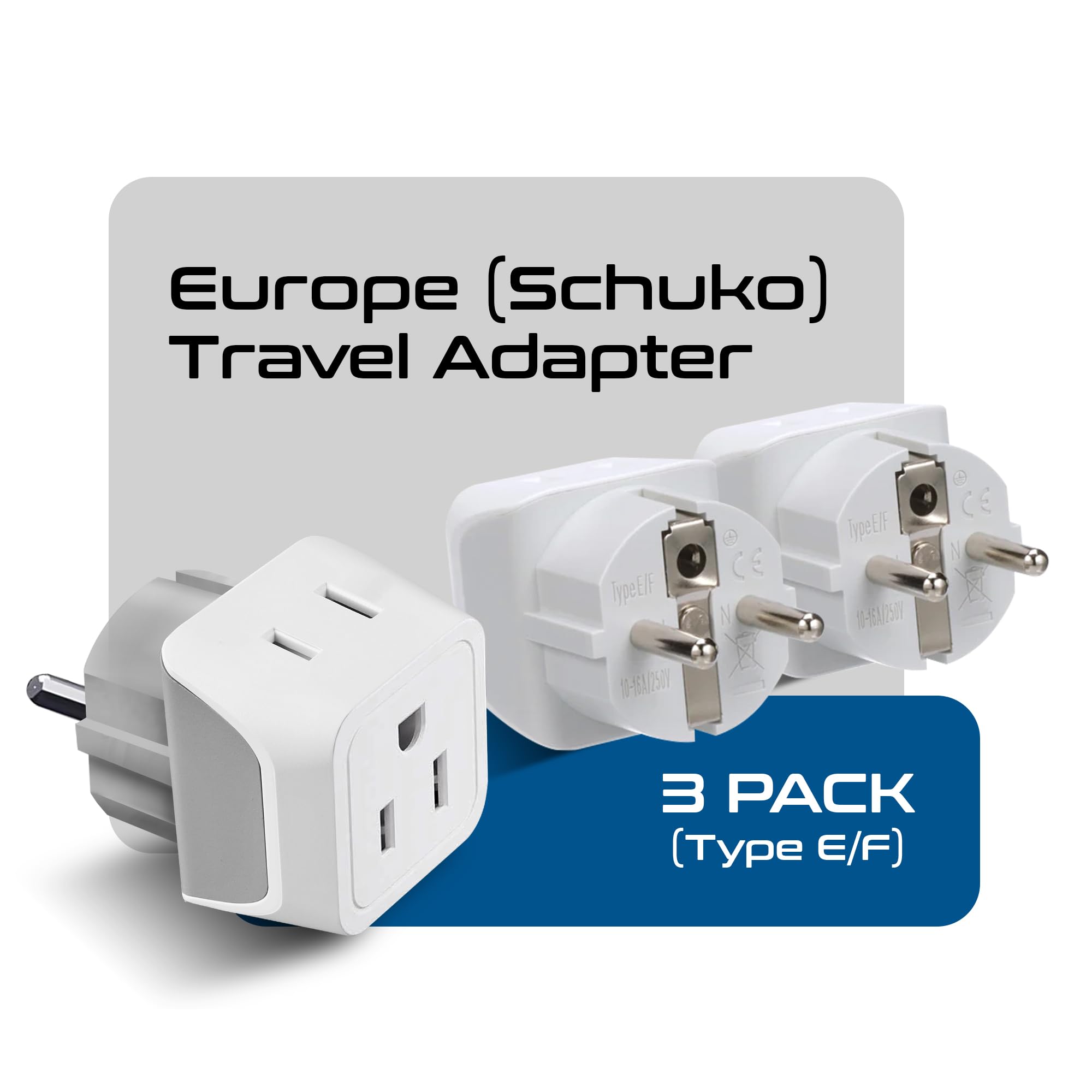 Ceptics Schuko Germany, France Plug Adapter, Dual Input - Ultra Compact Light Weight - Usa to Russia, South Korea Travel Adaptor Plug - Type E/F (3 Pack)