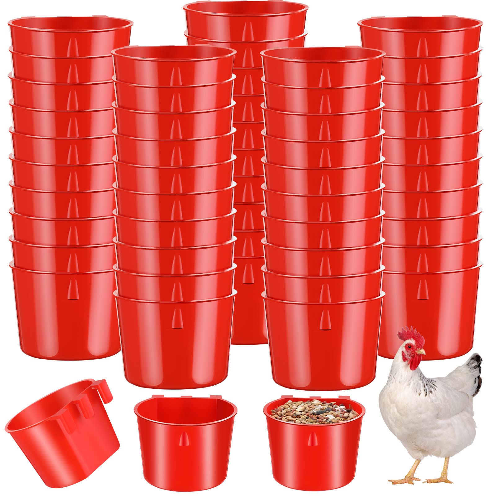 Sumind 60 Pieces Cage Cups Birds Hanging Feeders Seed Bowl 8 oz Plastic Chicken Feeder Water Bowl Hanging Chicken Waterer Feeding Watering Dish Coop Cups for Gamefowl Parrot Parakeet Poultry(Red)
