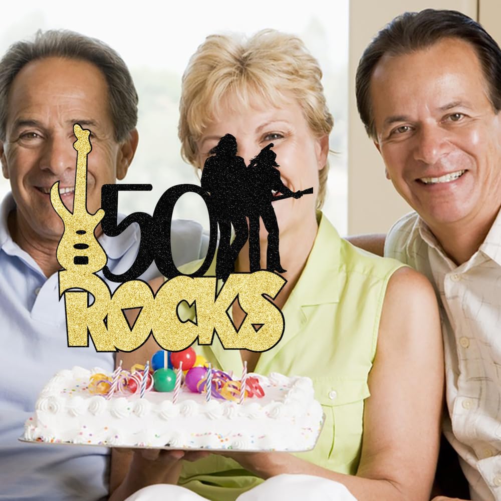 Sleyberoy Rocks 50 Cake Topper - Glitter Fabulous Fifty Years Birthday Party、Happy 50th birthday Theme party cake decorations(Rocks 50)