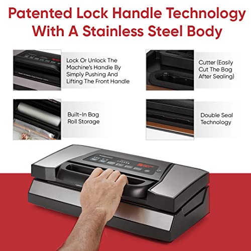 Magic Mill Professional Vacuum Sealer Machine Pro With New Patent Handle MVS-5181 for Food Bags, Marinate Bowls, and Meal Packing Cannister | Vacuum Sealer with Cutter and Jar Attachment | Manual and Automatic Bag Sealer with 2 Pressure Settings