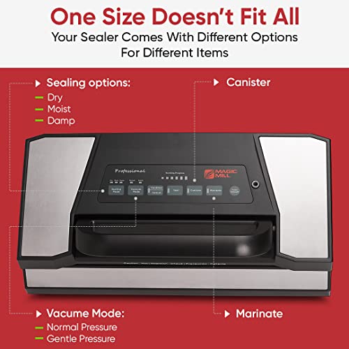 Magic Mill Professional Vacuum Sealer Machine Pro With New Patent Handle MVS-5181 for Food Bags, Marinate Bowls, and Meal Packing Cannister | Vacuum Sealer with Cutter and Jar Attachment | Manual and Automatic Bag Sealer with 2 Pressure Settings