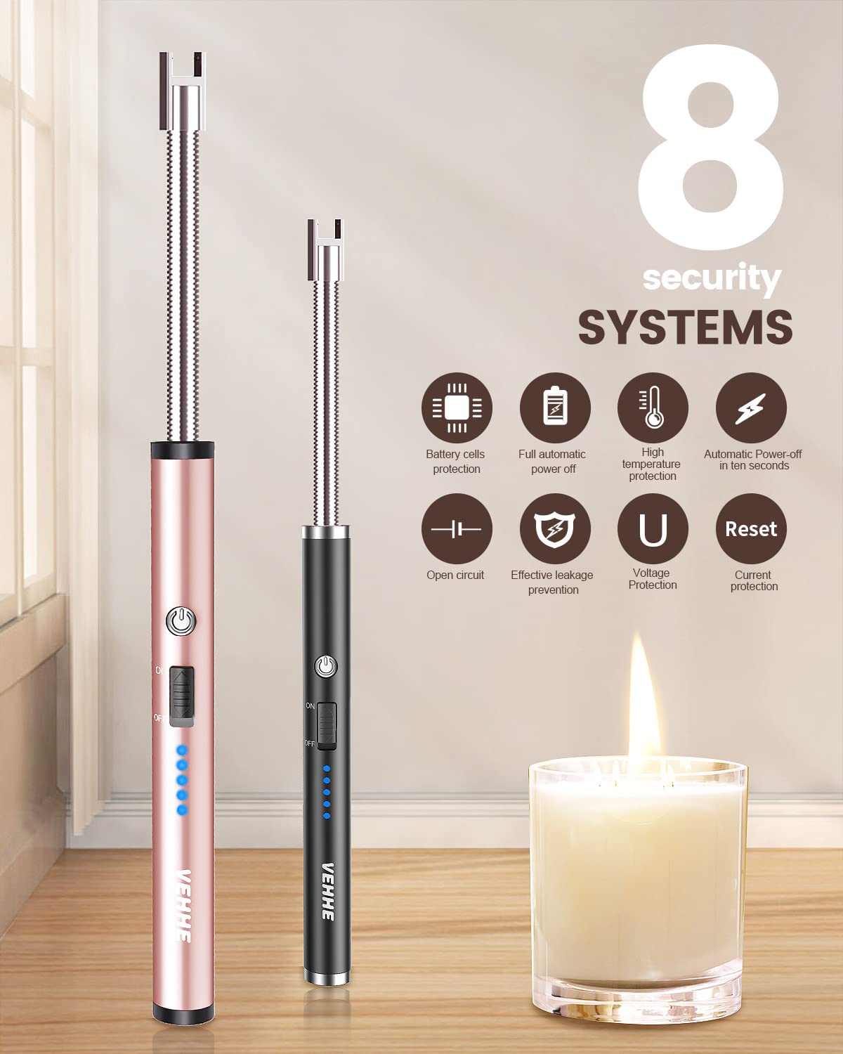 VEHHE Candle Lighter, 2 Pack Rechargeable Electric Lighter with LED Battery Display Safety Switch, Flexible Neck USB Lighter for Candles Camping Grill Gas Stoves Cooking (Black & Pink)