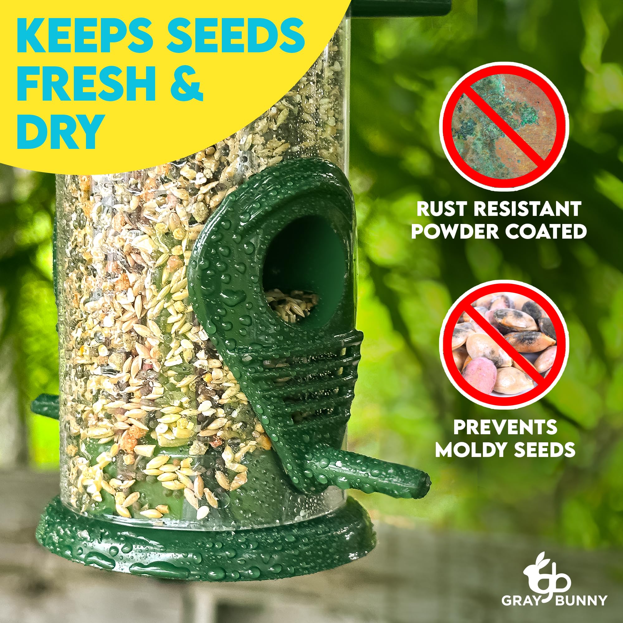 Gray Bunny Metal Bird Feeder, 4-Port Wild Bird Feeders for Outdoors Hanging, Heavy Duty Chew-Proof and Rust-Proof Tube Feeder, 15 Inches