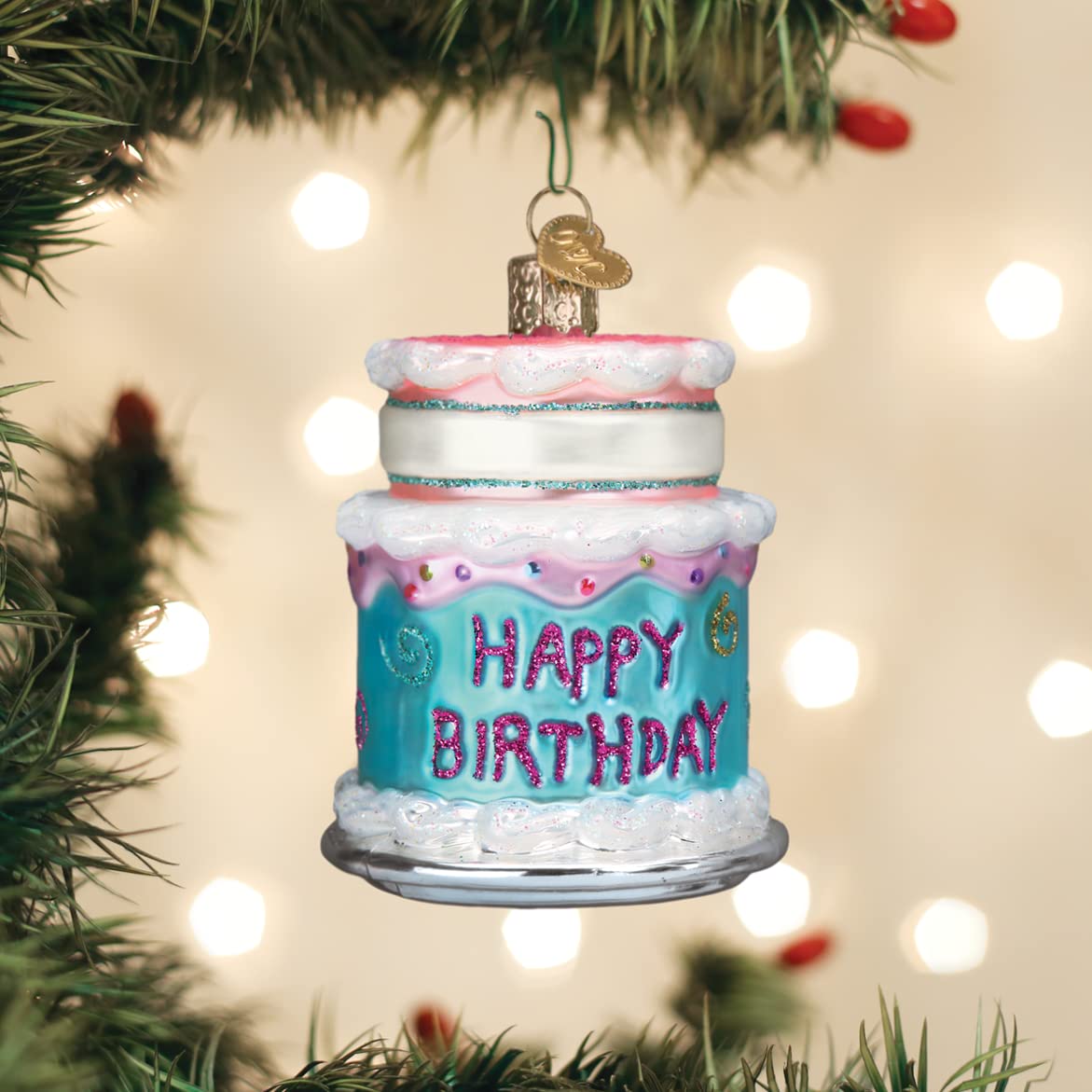 Old World Christmas Happy Birthday Cake Glass Blown Ornament for Christmas Tree