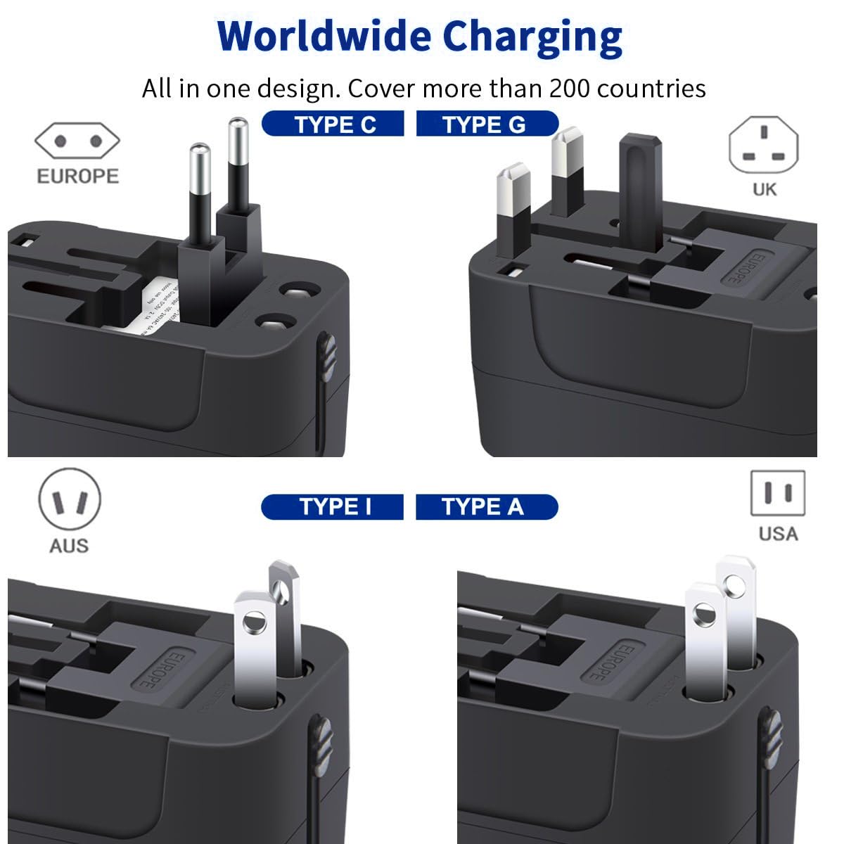 Universal Travel Adapter with 3.0A PD USB-C & QC USB-A Ports, Fast Charging International Plug Adapter, Worldwide Wall Charger AC Power Plug Converter Adaptor for US to EU UK AUS Asia