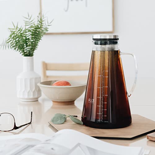 Airtight Cold Brew Iced Coffee Maker (& Iced Tea Maker) with Spout β 1.5L/ 51oz Ovalware RJ3 Brewing Glass Carafe with Removable Stainless Steel Filter