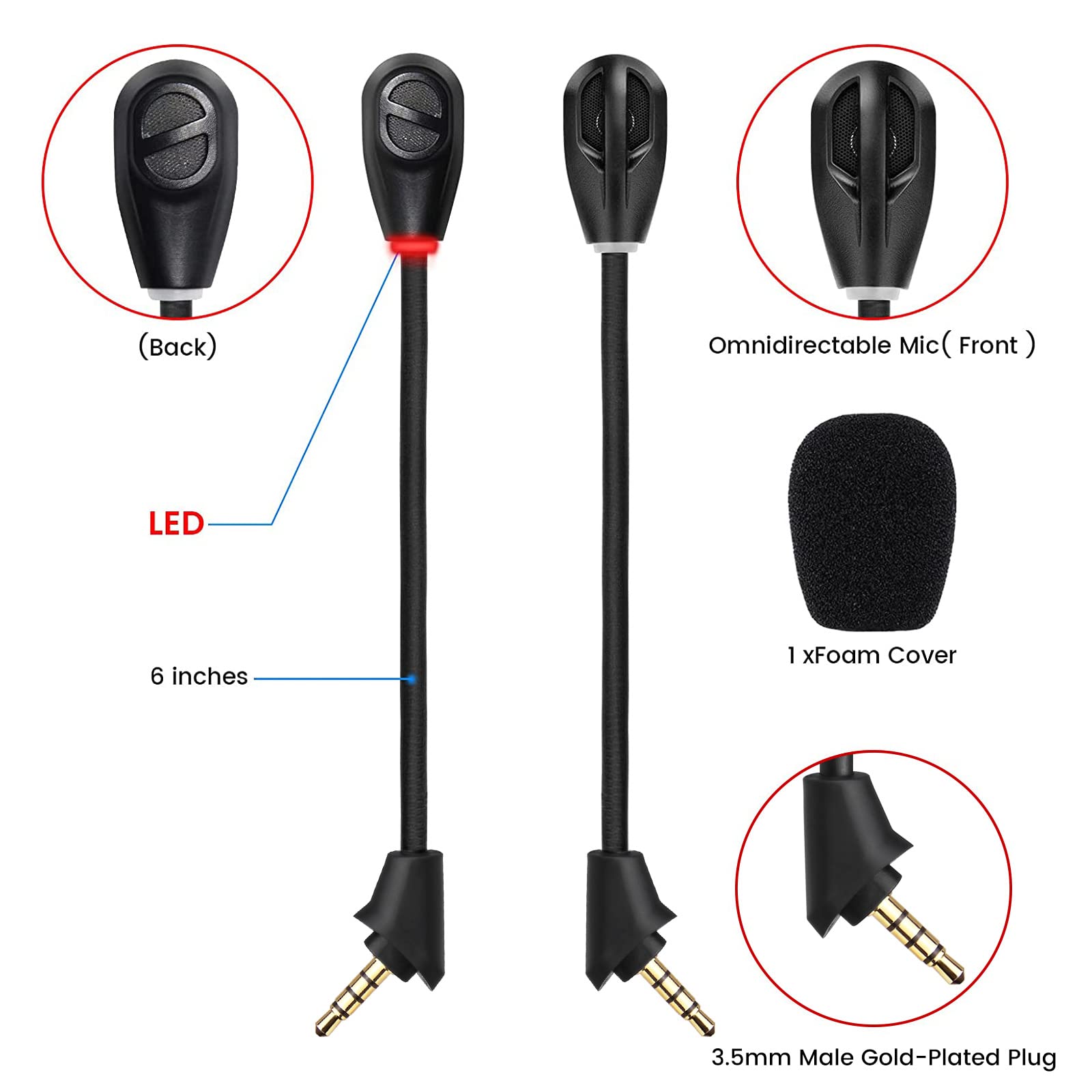 Mic Replacement for HyperX Cloud Alpha Wireless Gaming Headset, 3.5mm Detachable Noise Cancelling Microphone with LED Mute Indicator for PC, Xbox One, PS4, PS5 Black