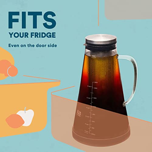 Airtight Cold Brew Iced Coffee Maker (& Iced Tea Maker) with Spout β 1.5L/ 51oz Ovalware RJ3 Brewing Glass Carafe with Removable Stainless Steel Filter