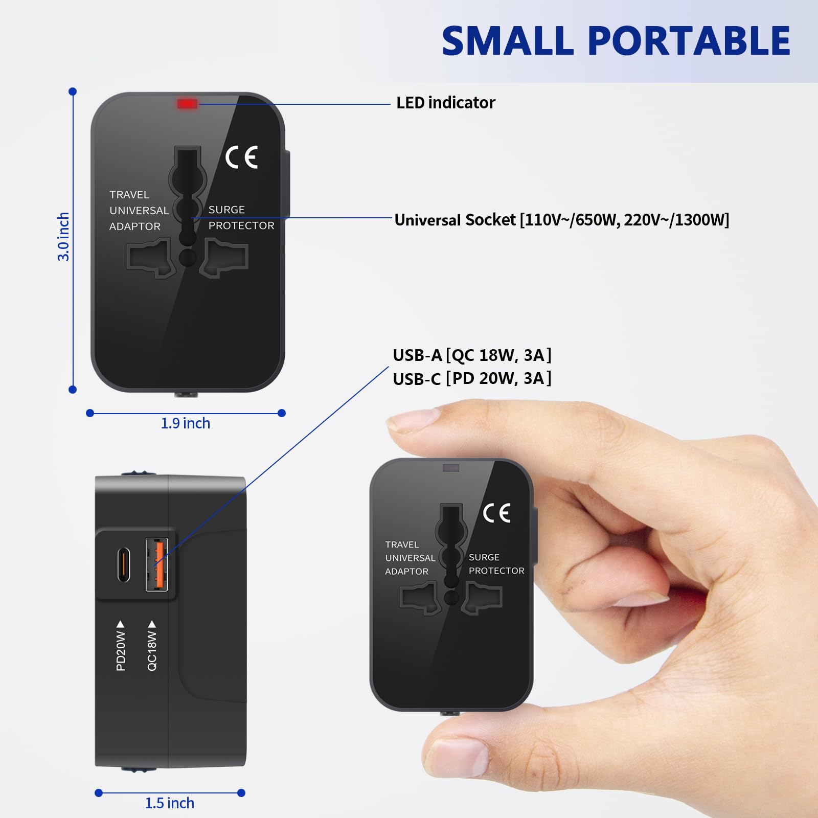 Universal Travel Adapter with 3.0A PD USB-C & QC USB-A Ports, Fast Charging International Plug Adapter, Worldwide Wall Charger AC Power Plug Converter Adaptor for US to EU UK AUS Asia
