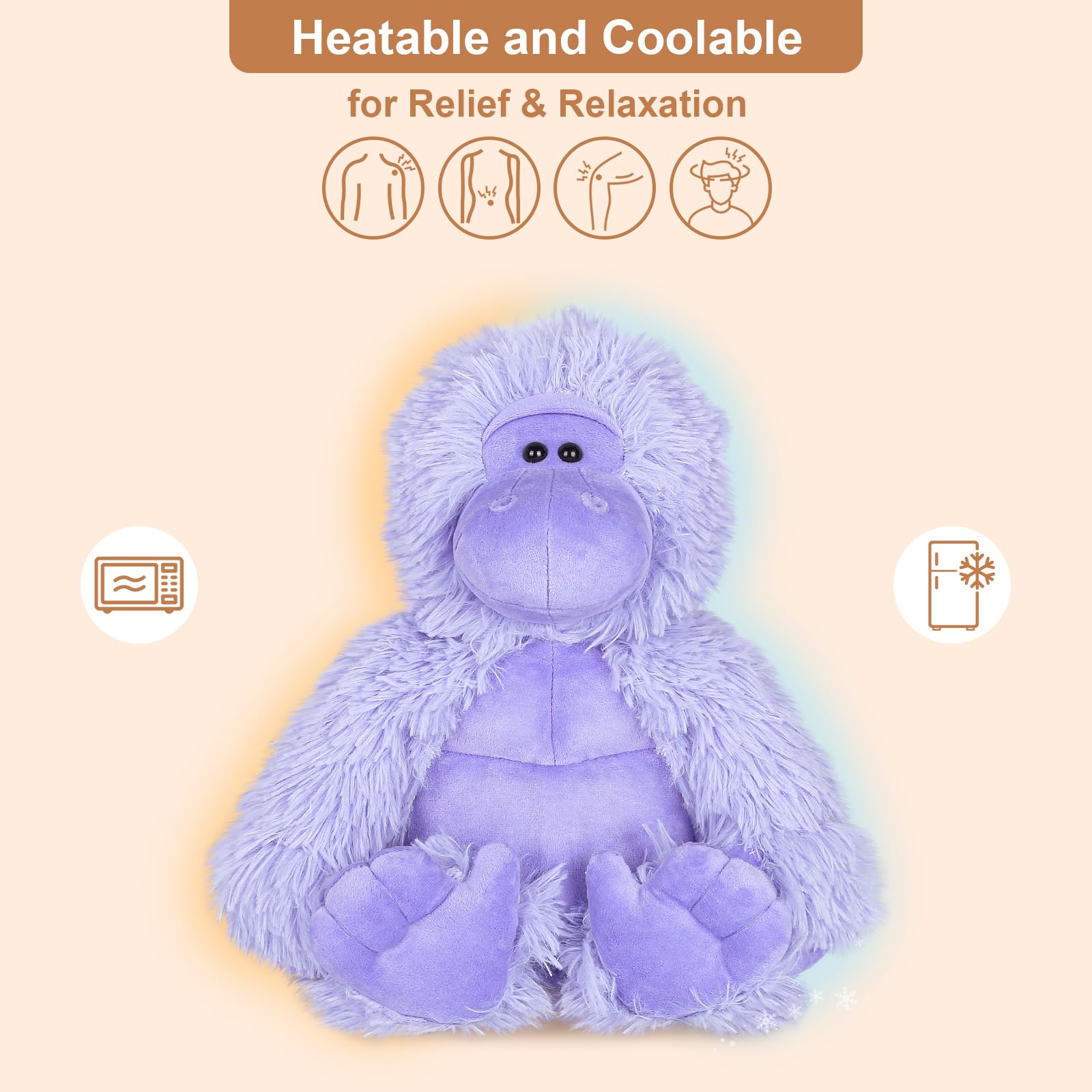 Gorilla Plush Heating Pad Stuffed Animal for Cramps & Stress Relief, Lavender Scent, Adults & Kids, Coolable & Heatable by SuzziPals