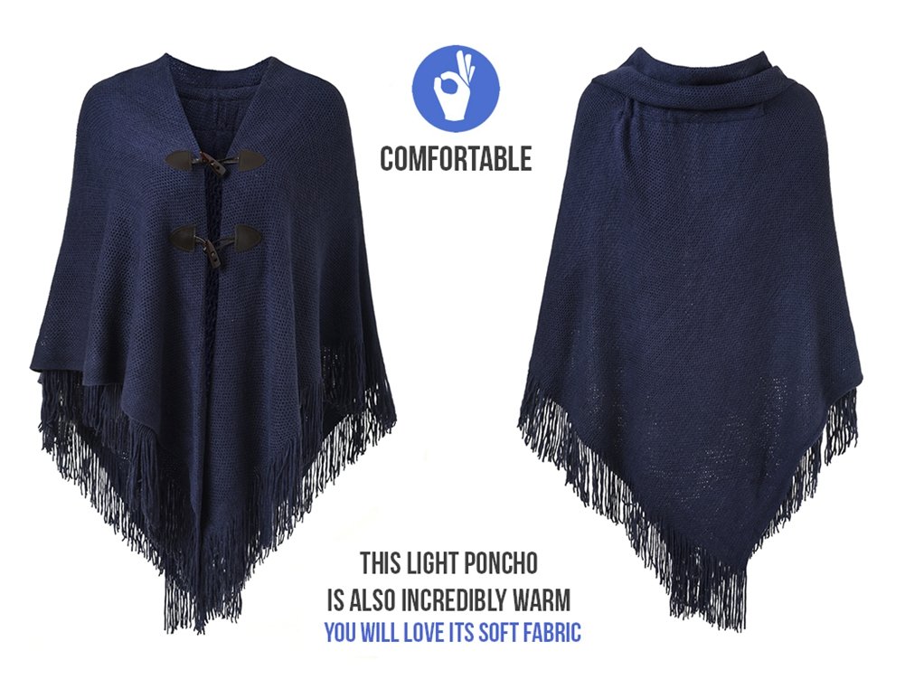 Ferand Women’s Loose Fitting Poncho Cape Shawl with Stylish Horn Buttons, V Neckline and V Hem, Navy blue